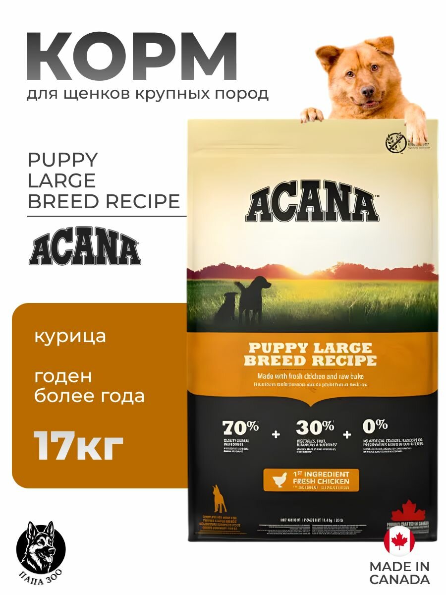 Сухой беззерновой корм для щенков крупных пород ACANA Puppy Large Breed Recipe, 17 кг