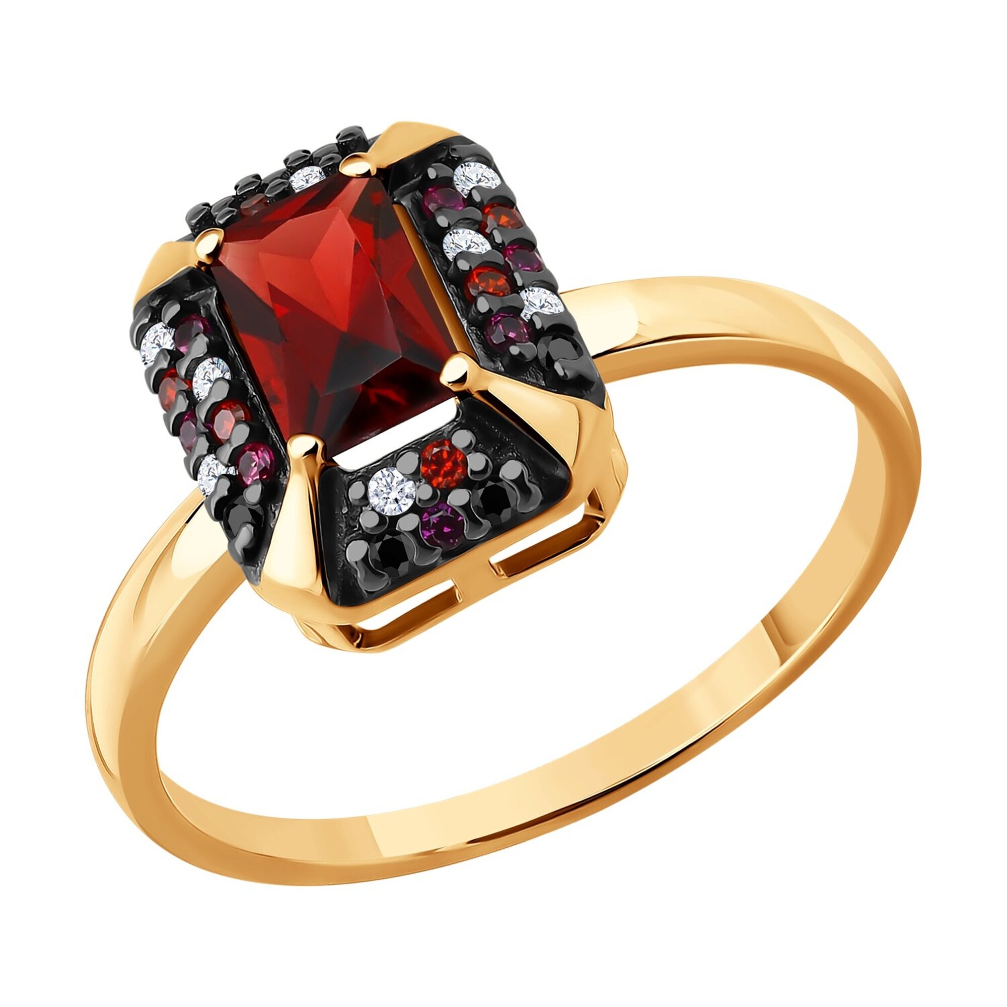 Кольцо, серебро, 925 проба, золочение, фианит, гранат