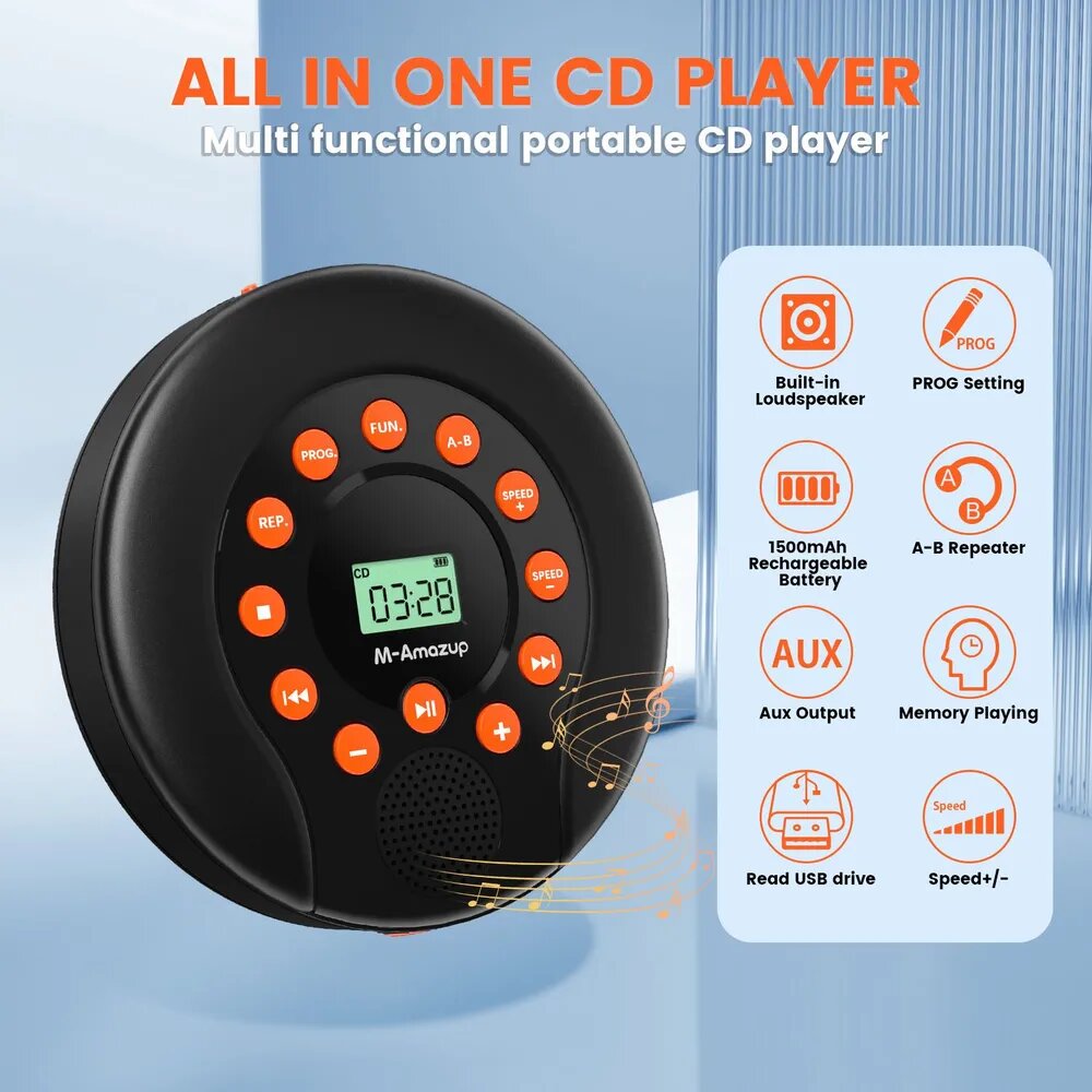 Многофункциональный портативный CD-плеер M-Amazup, встроенный динамик, AUX, USB