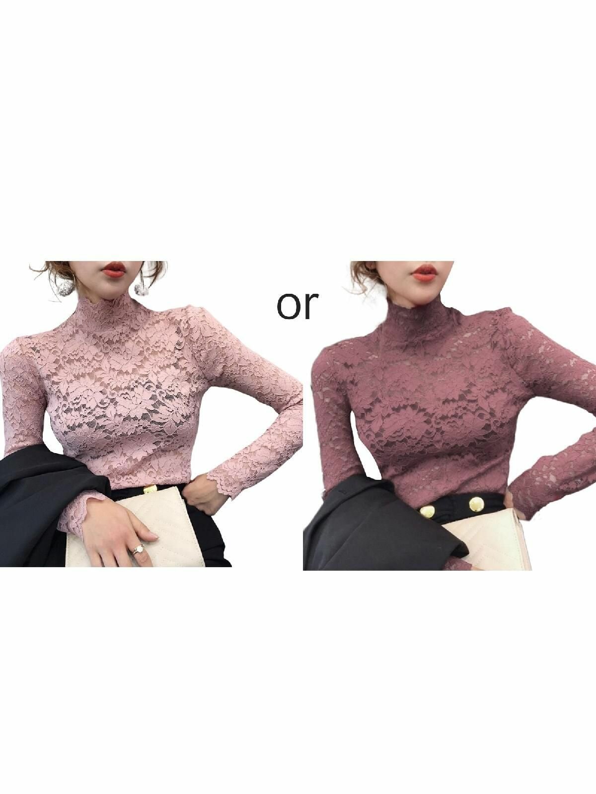 Женская прозрачная блузка из цветного кружева с длинным рукавом и высоким воротом, Розовый - XXL