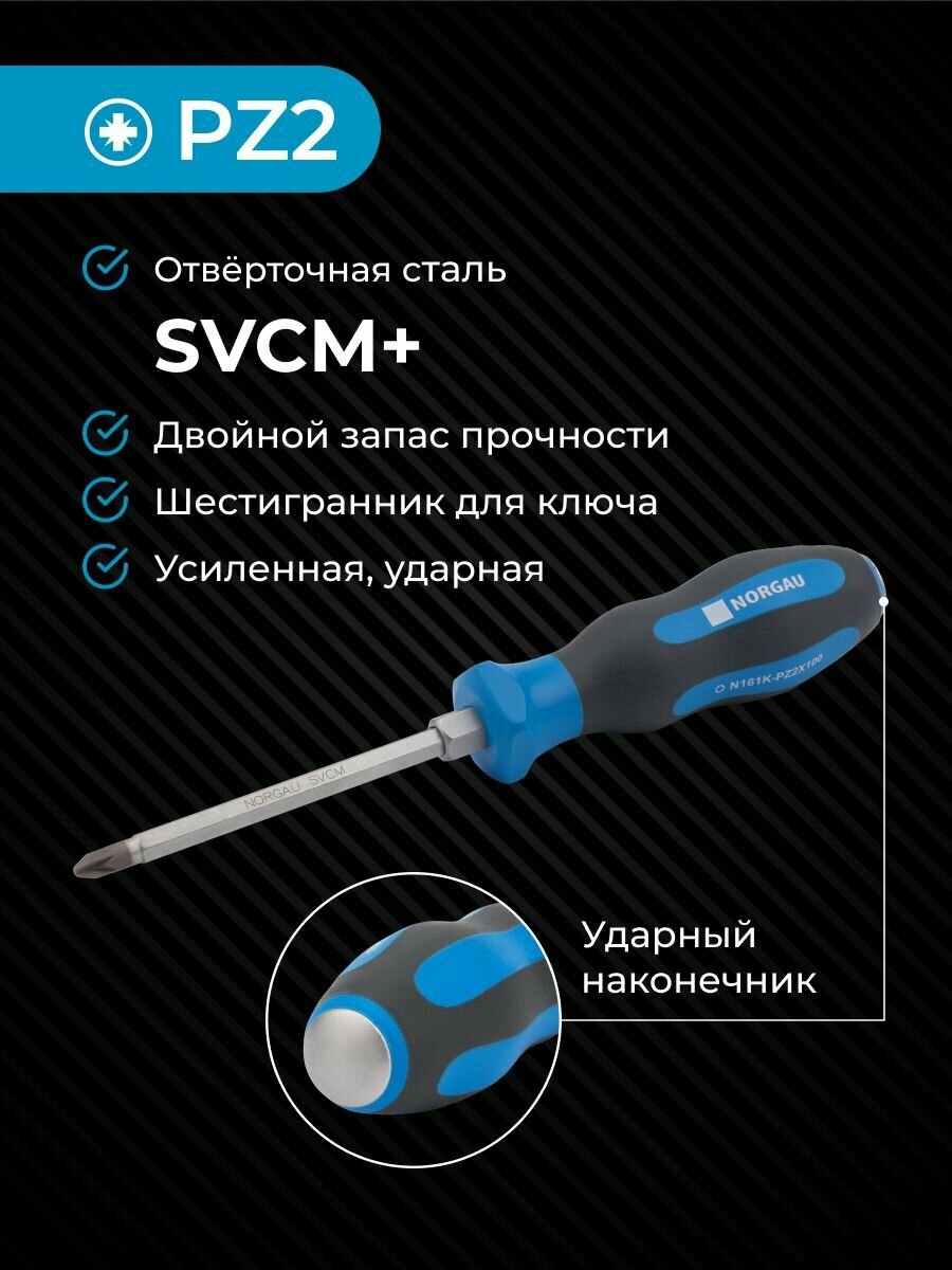 Ударная отвертка крестовая Pozidriv PZ2 NORGAU Industrial из стали SVCM с двухкомпонентной рукояткой и сплошным ударным стержнем