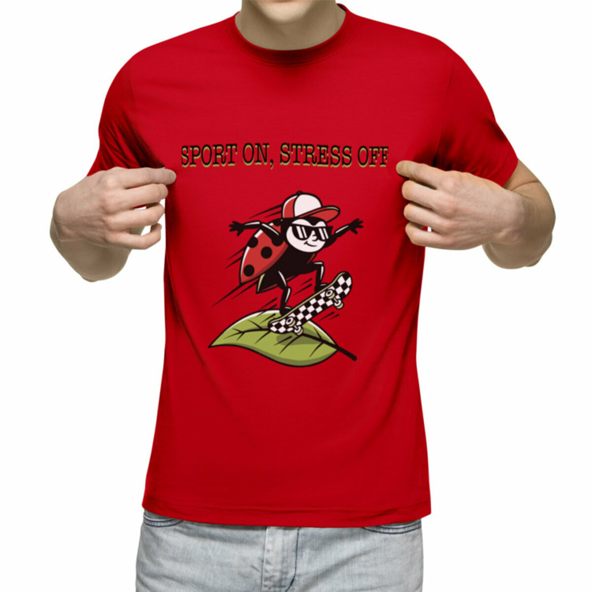 Мужская футболка «Божья коровка на скейте без стресса!» (красный, L)