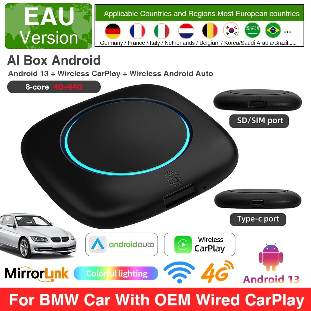 Беспроводной Адаптер CarPlay AI Box Для BMW ID6 ID7 ID8 ID9 С Android With 64G SD card, 4 64GB EAU