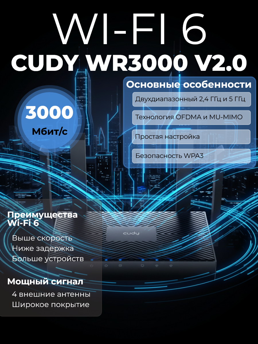 Роутер CUDY WR3000 V2.0 WiFi 6 AX3000 гигабитный двухдиапазонный
