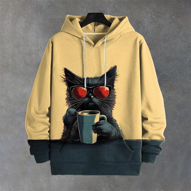Cute Cool Cat Pattern Hoodie For Men Funny Animal 3D Printed Long Sleeves Casual Pullover Street Tops Hoodies Loose Sweatshirt