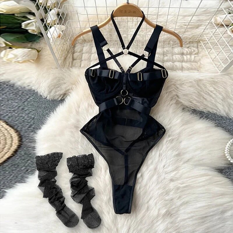 Черное боди с ремнями L, QD026-black