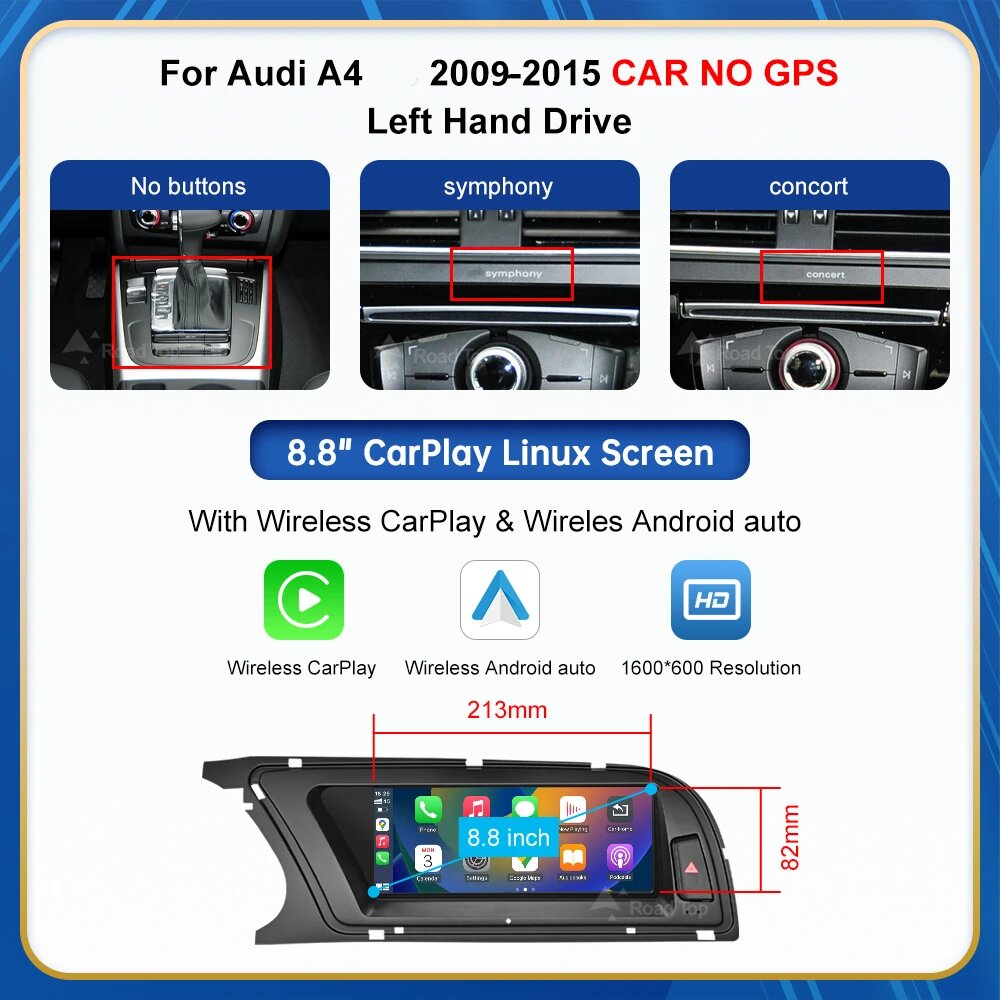 Road Top 8,9-дюймовый сенсорный дисплей Мультимедийный плеер Andriod Auto Link для Audi A4 A5 B8 2009-2012 GPS Carplay Экран Car Play