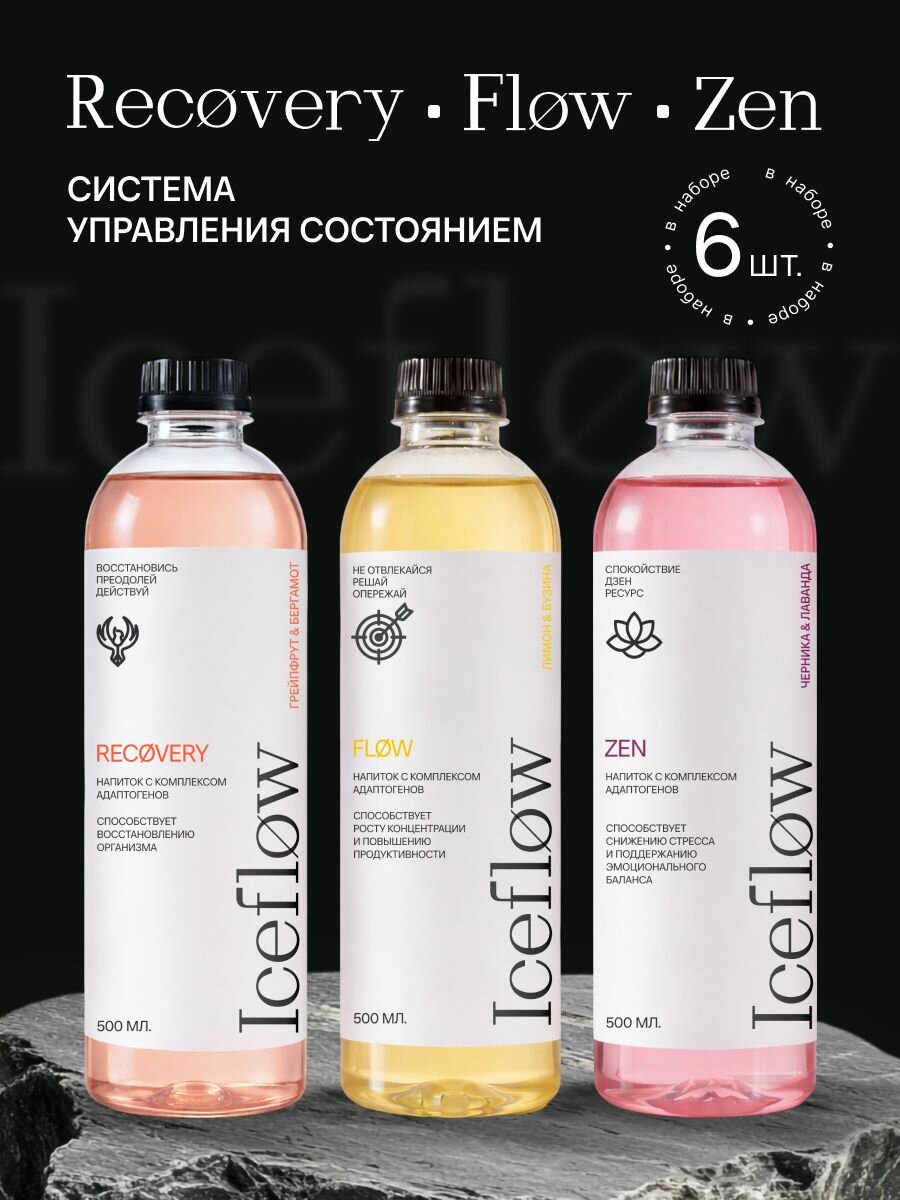 Напиток функциональный IceFlow набор 3 вкуса (Recovery, Flow, Zen) для энергии, концентрации и восстановления 6х500 мл