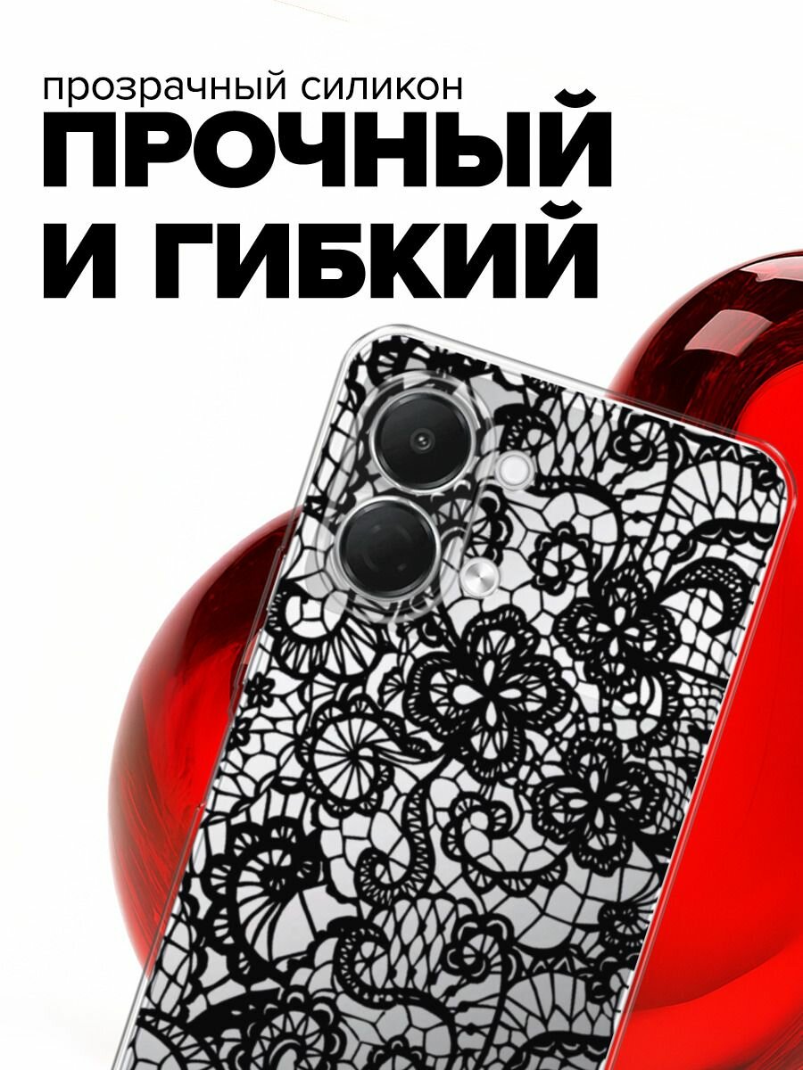 Чехол на Tecno Spark Go 3 / Текно Спарк Го 3 с принтом Черные кружева с цветами — фото 1