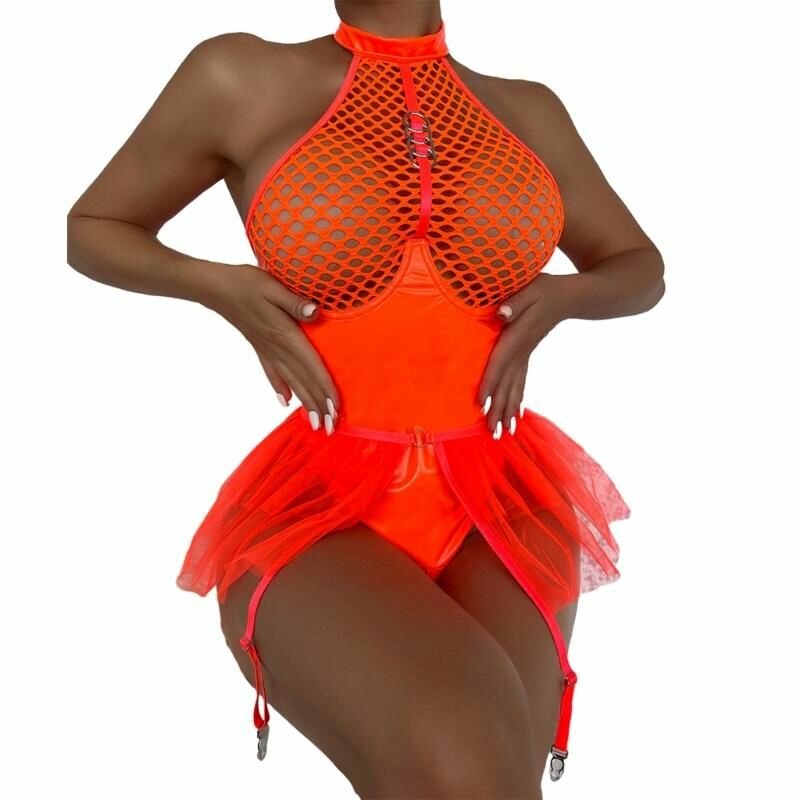Сексуальное женское боди-комбинезон из сетки, Флуоресцентный оранжевый - L