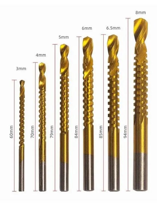 Набор фрезерных сверл по металлу и дереву 3 мм, 4 мм, 5 мм, 6 мм, 6.5 мм, 8 мм с титановым покрытием / Сверло-фреза, в наборе 6шт
