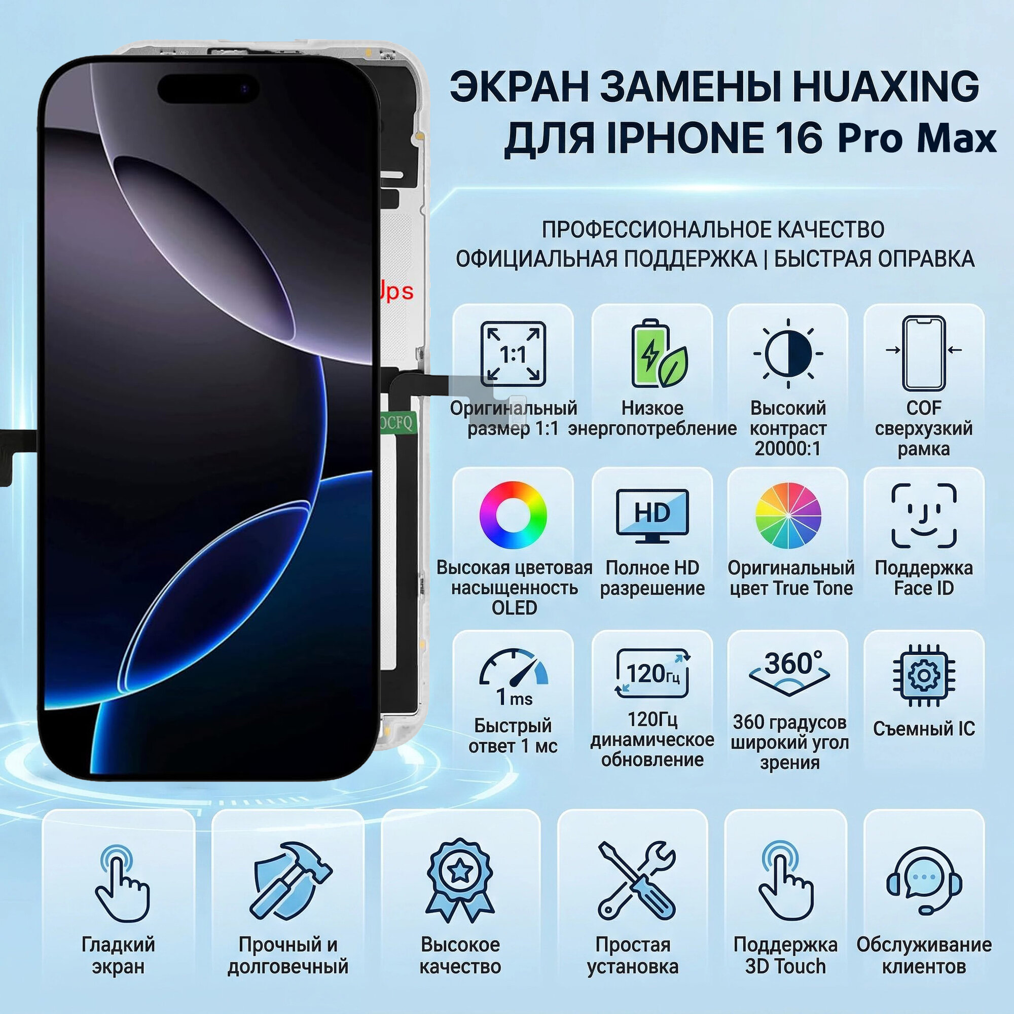 Гибкий OLED-экран-замена для iPhone 16 Pro Max: 120 Гц, рамки 0.9 мм, высший китайский класс