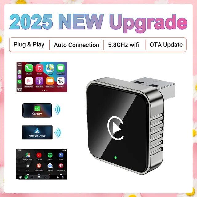 Новый беспроводной адаптер CarPlay 2-в-1 Smart Mini Box 2025 года поддерживает автоматическое подключение через Android Auto, Wi-Fi и Bluetooth и подходит для автомобилей Toyota, Volvo, Mercedes-Benz, MG, Kia, Mazda, Ford и других марок.