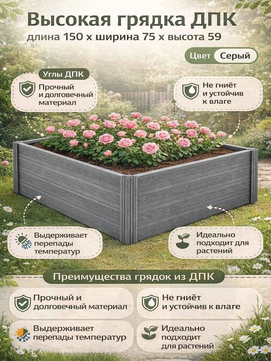 Грядка из ДПК графит (Серая) Патио 4 (Высокая) 59х100х75 см. Углы и борта из ДПК
