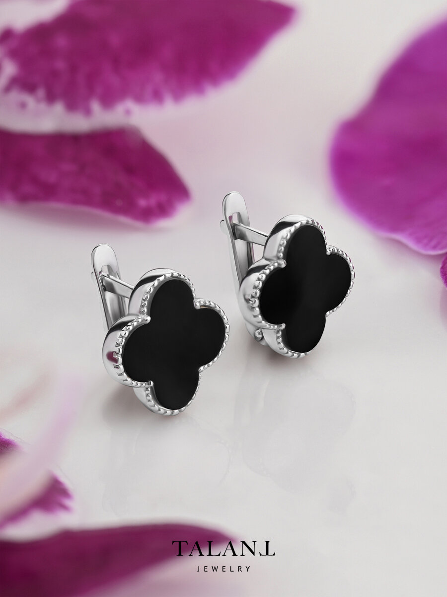 Серьги TALANT, серебро, 925 проба, родирование, оникс, длина 1 см, , черный, серебристый — фото 1