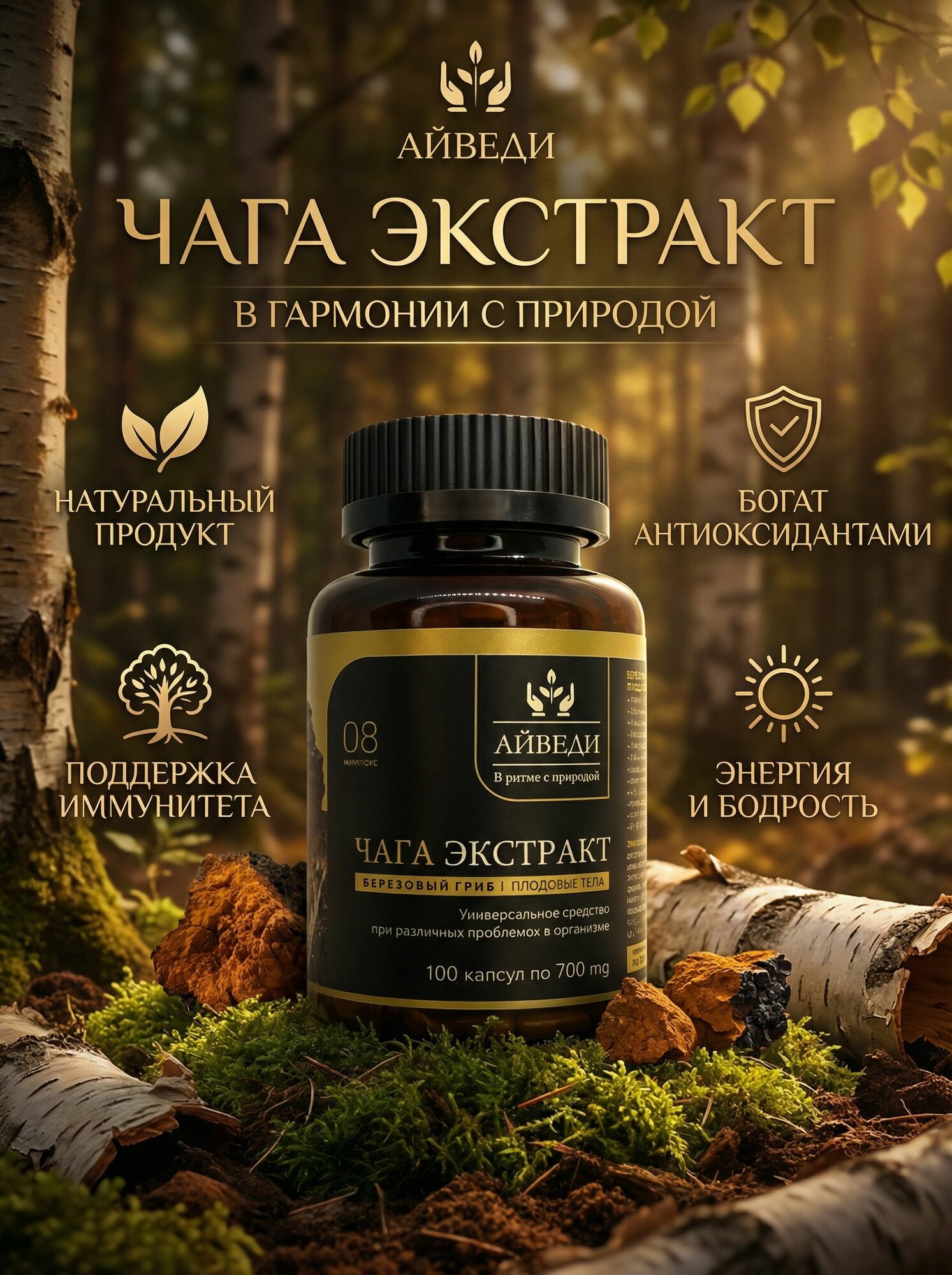 Чага экстракт в капсулах "Айведи" 100 капсул по 700мг