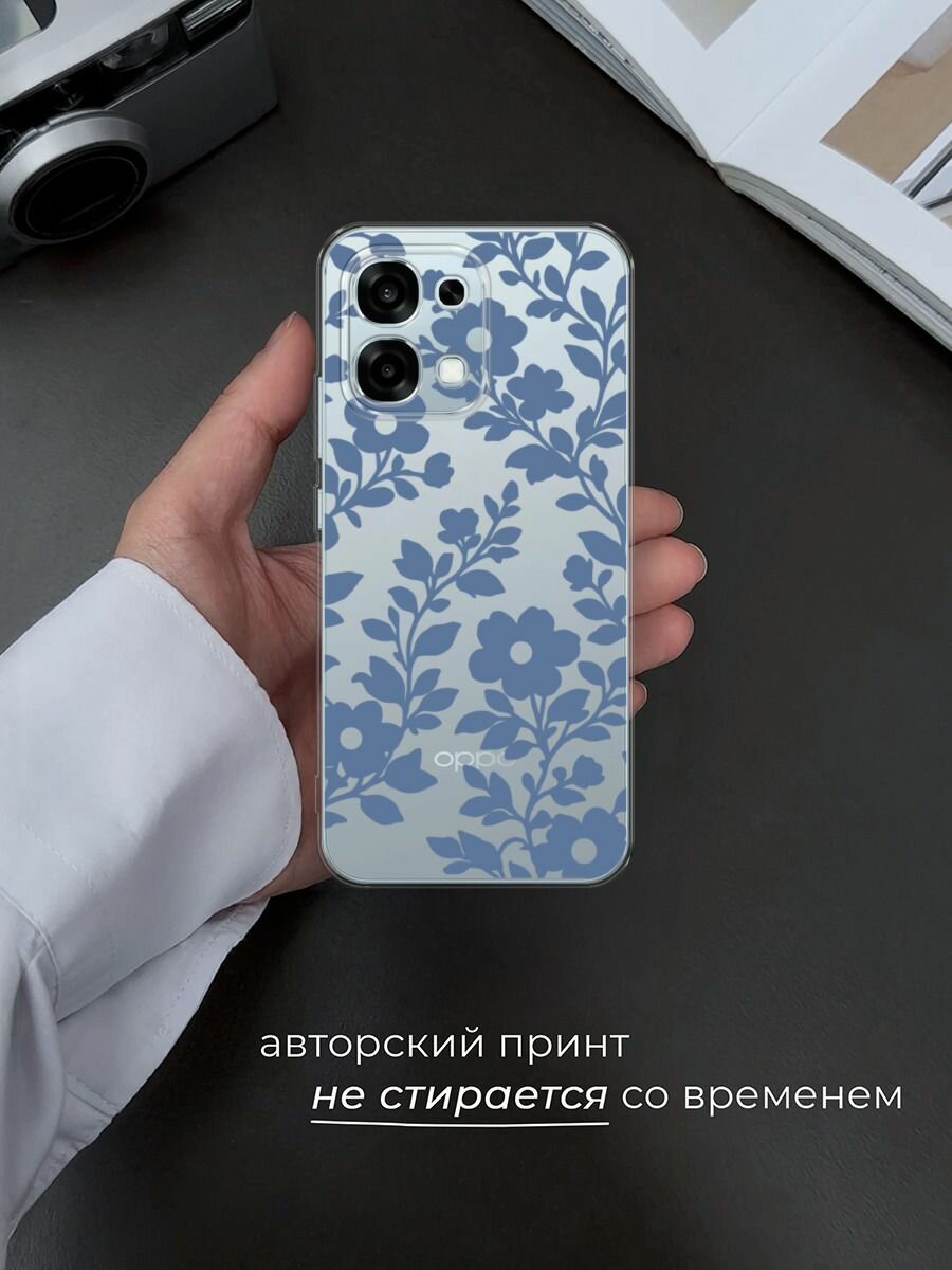 Чехол на Oppo A6 Pro / Оппо A6 Про с принтом Голубые вьющиеся цветочки, прозрачный — фото 1