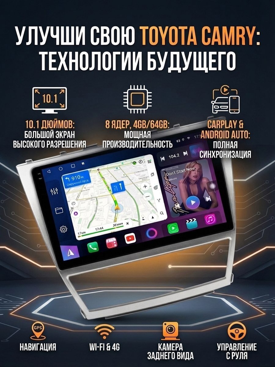 Магнитола Тойота камри 40 (Toyota Camry V40) 2006-2011 на Android 14 (4/64 gb, GPS, WiFi, 4G, BT)