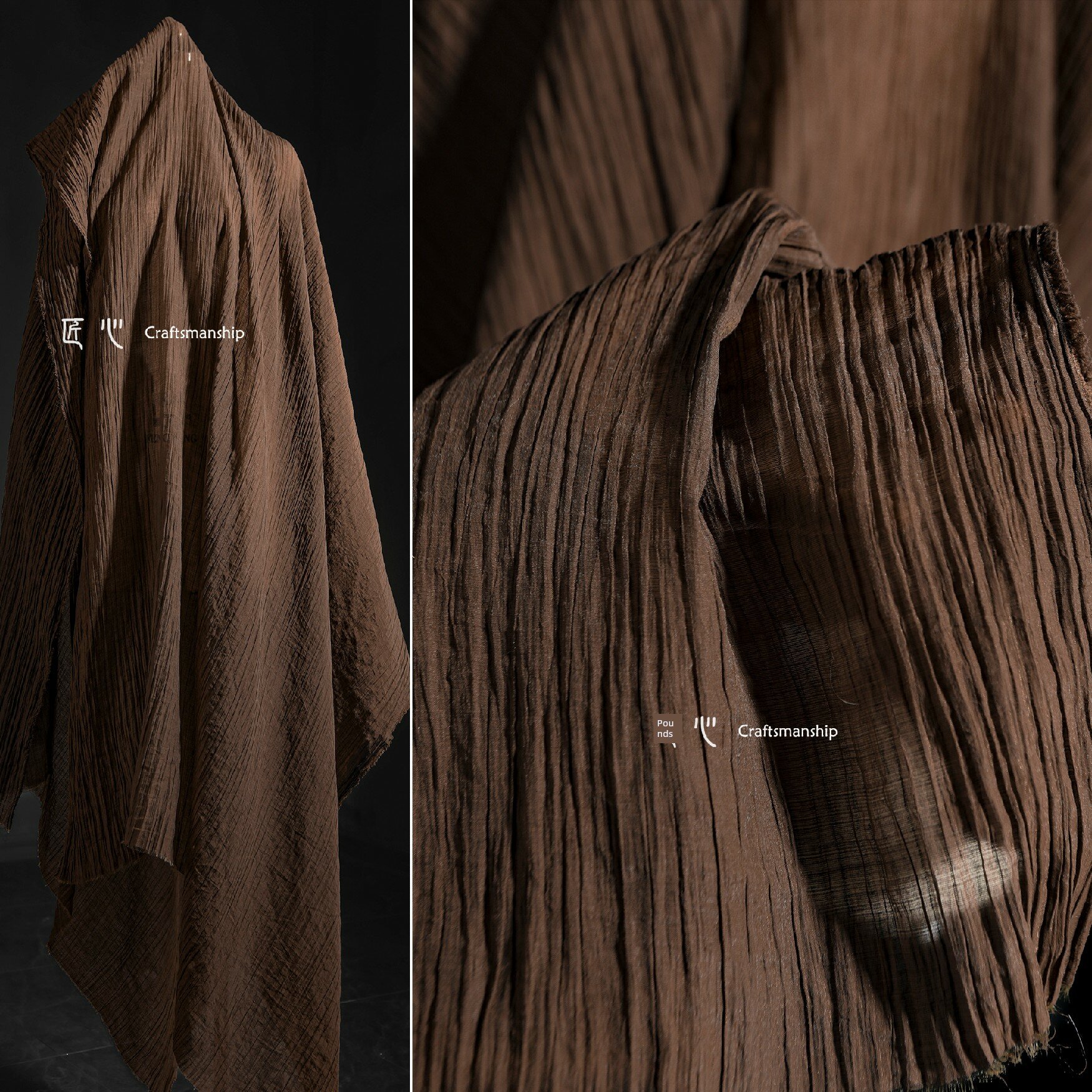 Темно-коричневая ткань из вискозы и хлопка с рельефной текстурой и мягким драпированием, плиссированная основа для