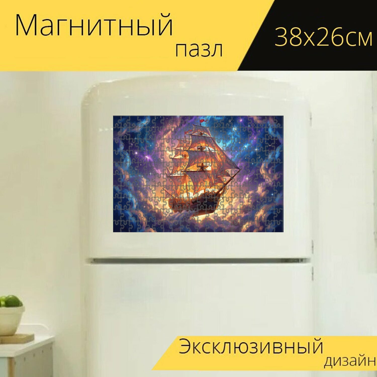 Магнитный пазл "Летящий парусник среди звёзд. Фантазийный корабль с белыми парусами плывёт по небесному морю среди сияющих созвездий, облаков и космической." для интерьера, 38х26 см.