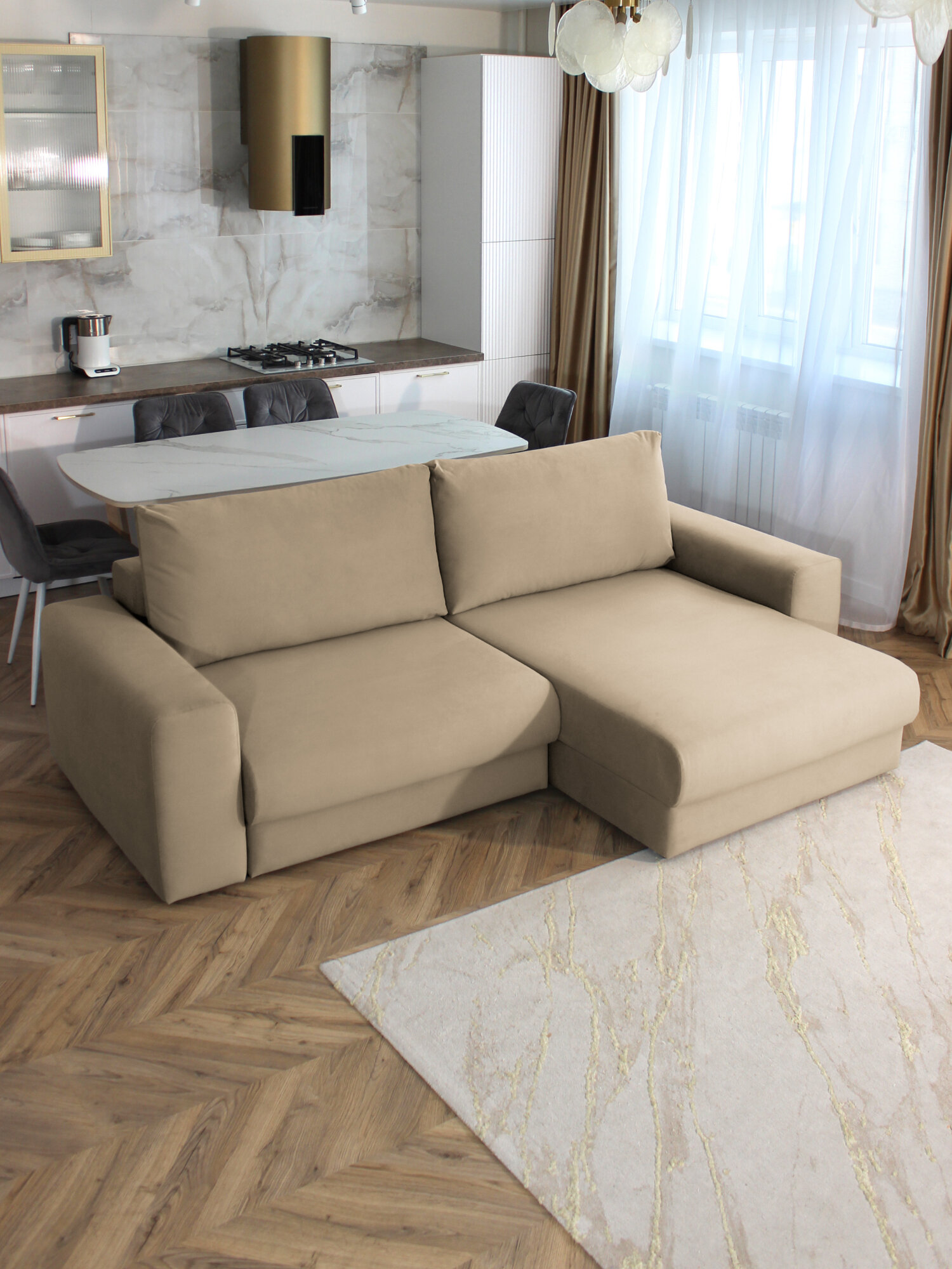 Диван-кровать угловой Лофт бежевый, правый угол, Независимый Пружинный Блок, механизм выкатная Еврокнижка, 250х155х65 см