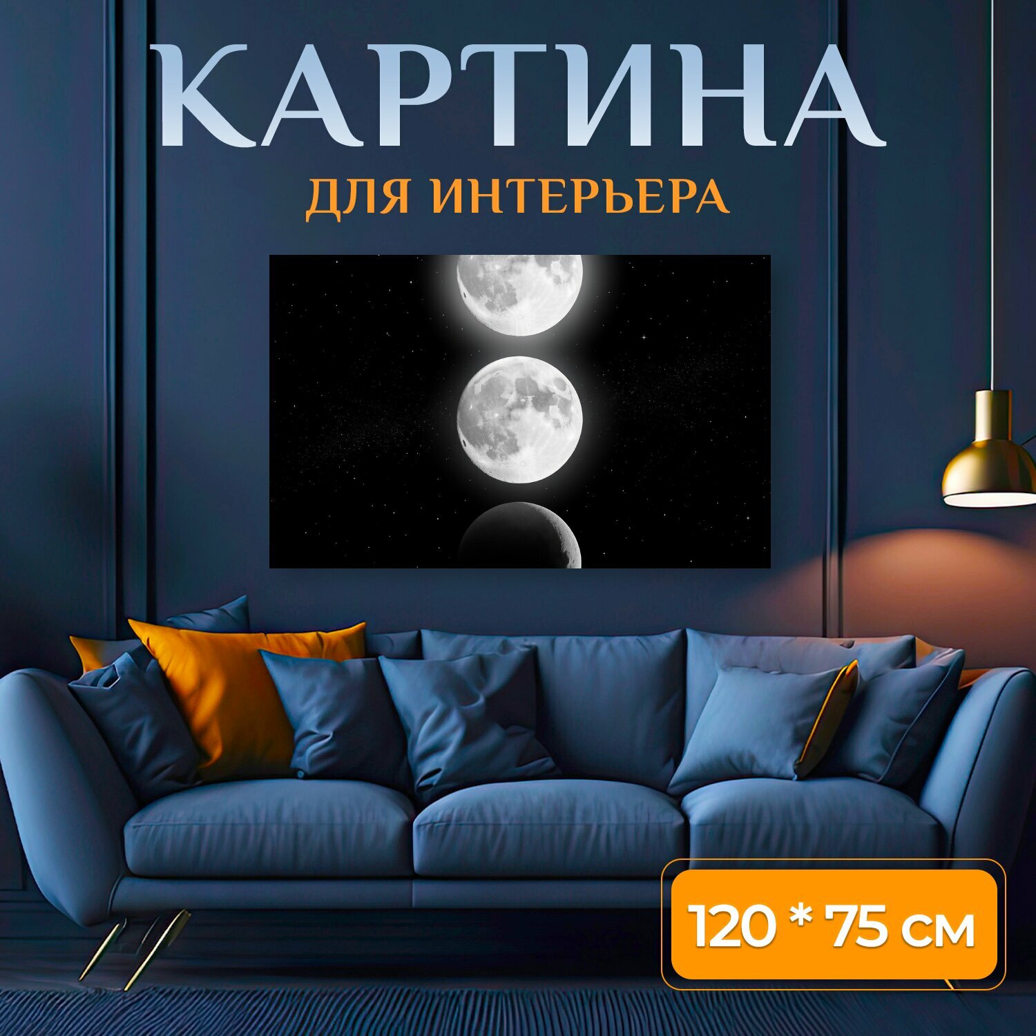 Картина на холсте "Три фазы Луны в космосе. Минималистичная космическая композиция с яркими лунными дисками, серпом месяца и звездным фоном." на подрамнике 120х75 см. для интерьера