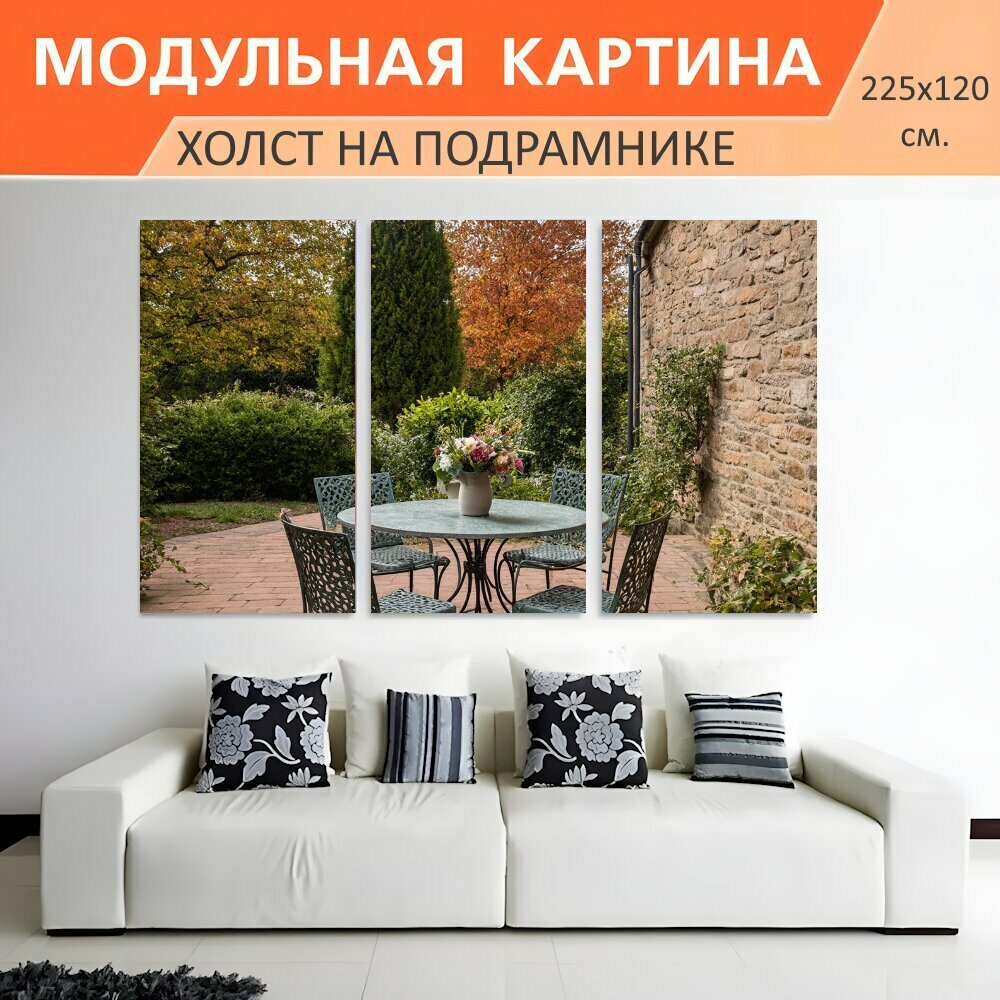 Модульная картина на холсте "Старинный дворик с уютной атмосферой, окружённый стенами старинного дома с эффектом патины. В центре -." триптих на подрамнике 225х120 см. для интерьера