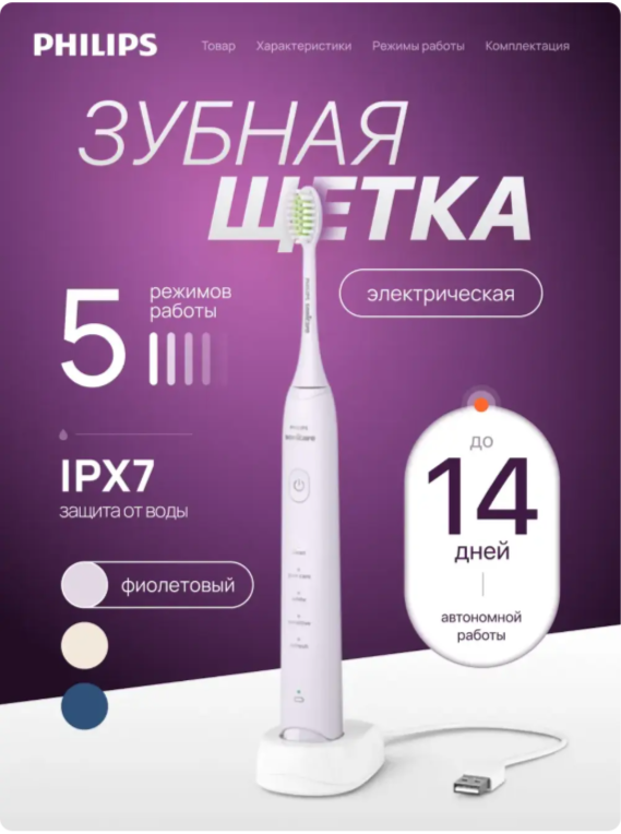 Электрическая зубная щётка Philips Sonicare 3200 HX2471/02 Purple, звуковая, 5 режимов, таймер, индукционная зарядка, фиолетовый