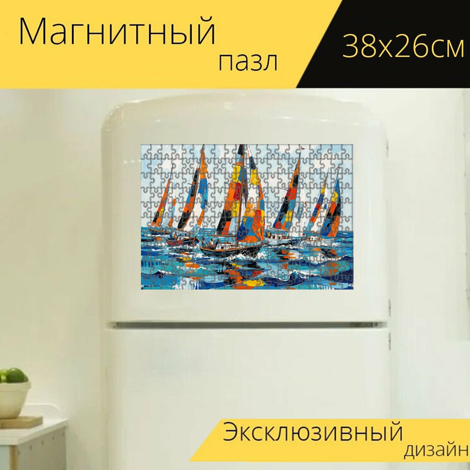 Магнитный пазл "Парусная регата на морских волнах. Яркие яхты с разноцветными парусами идут по бирюзовому морю под светлым небом, динамичная живописная." для интерьера, 38х26 см.