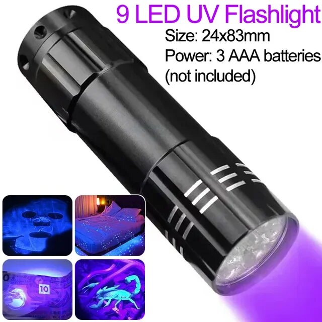 Ультрафиолетовый фонарик LED с зумом, миниатюрный ультрафиолетовый светильник 395/365 нм, инспекционная лампа, инструмент для обнаружения пятен мочи домашних животных.