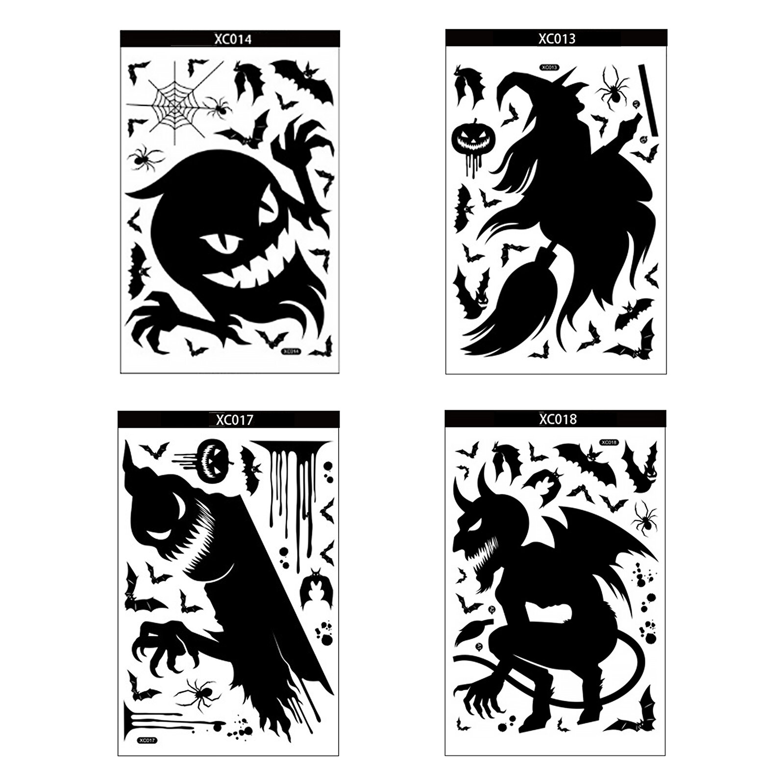 4PCS Наклейки для окон Halloween Статические двухсторонние наклейки из электростатической пленки Черного цвета для дома ресторана бара вечеринок Размер упаковки 26*31*1.5cm (A B) 26*31*2.5cm (C) Вес 40g (A B) 80g (C)