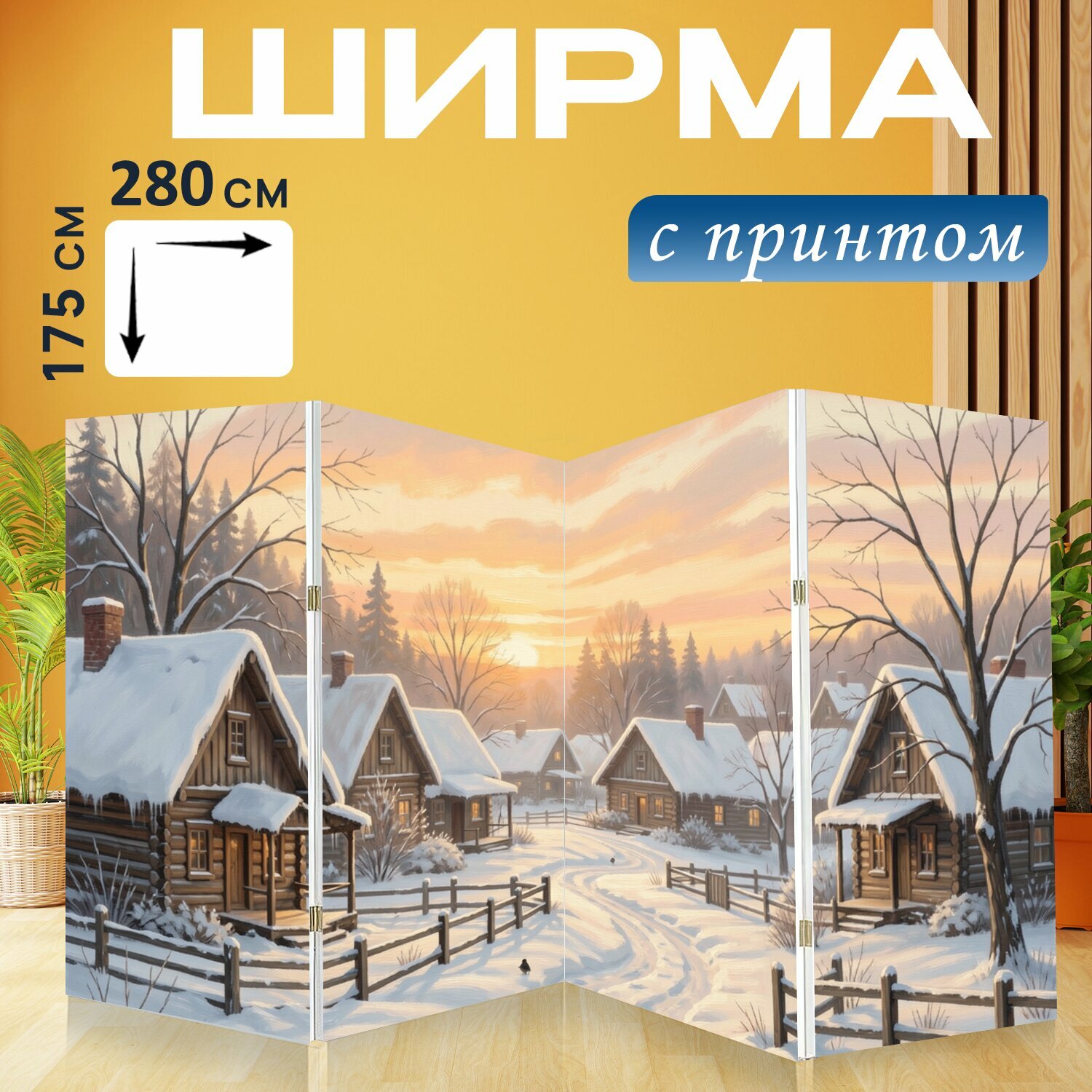 Ширма "Заснеженная деревня на рассвете. Уютные деревянные дома под белым снегом, извилистая тропа, голые." перегородка для зонирования комнаты с принтом 280x175 см. на холсте