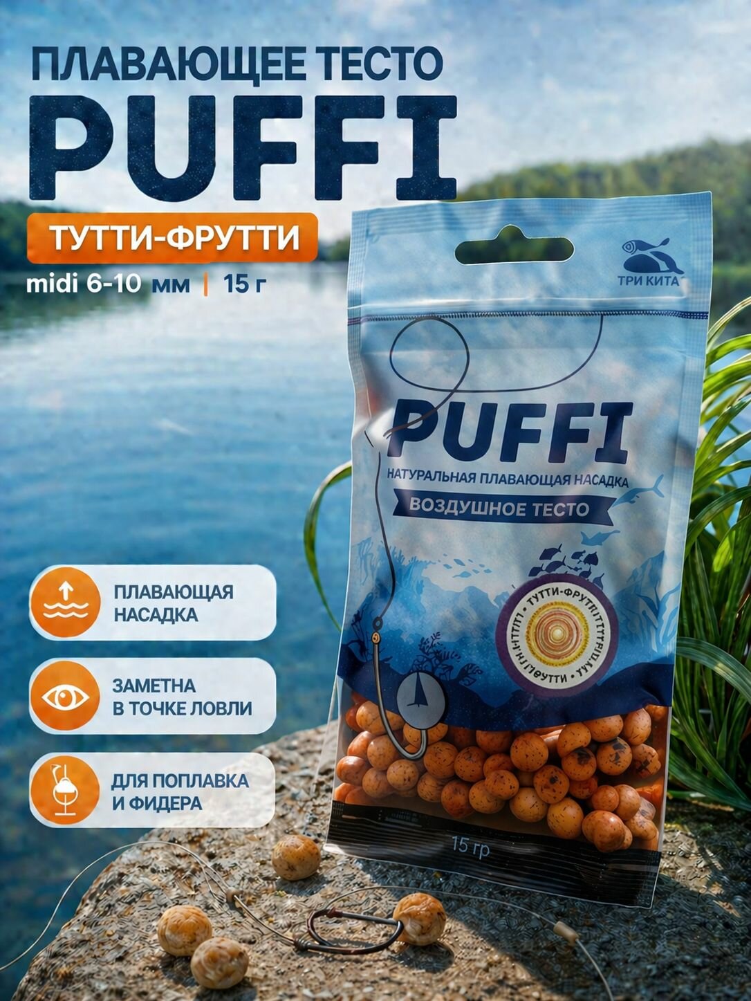 Воздушное тесто для рыбалки PUFFI MIDI, Тутти-фрутти, 15 г - плавающая насадка 6-10 мм для карася, карпа, леща