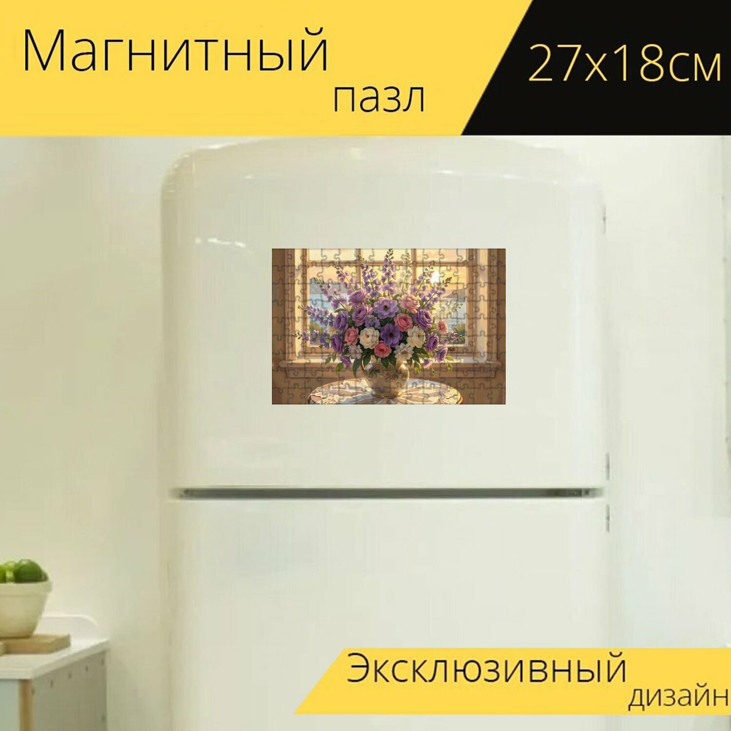 Магнитный пазл "Букет полевых и садовых цветов у окна. Нежная живописная композиция в пастельных лиловых, розовых и кремовых тонах: пышная флористика на." на холодильник 27 x 18 см.