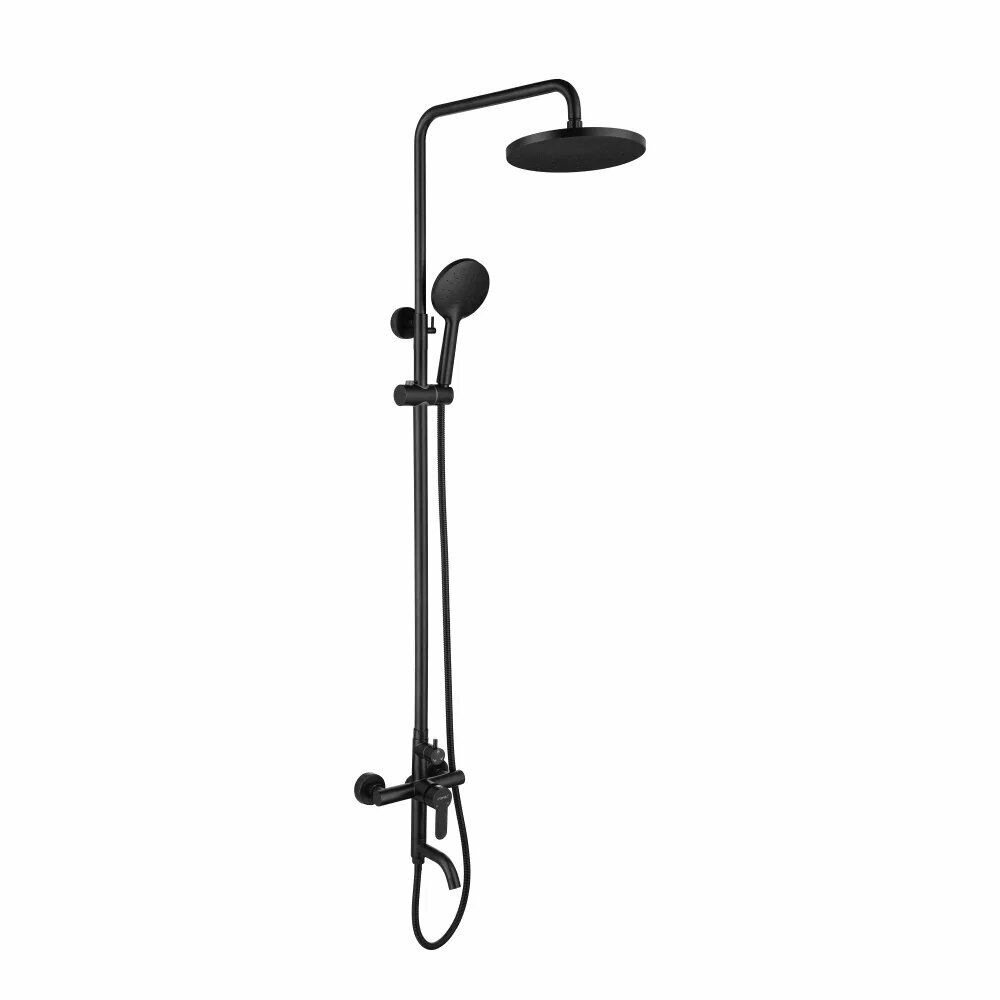 Душевая стойка Fmark FS8245H со смесителем, черная, матовая, душевая система с тропическим душем, с изливом, с лейкой, нержавеющая сталь, рычаг сбоку
