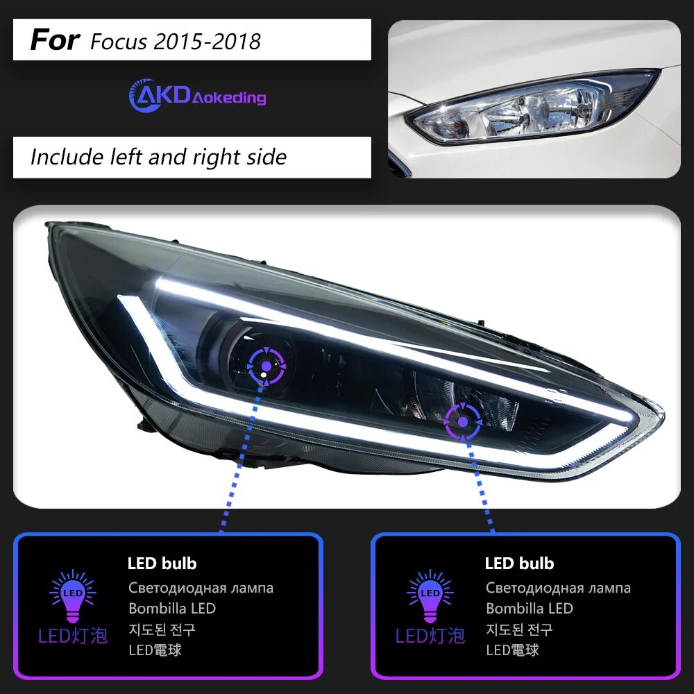 Фара AKD для Ford Focus LED-фара 2015-2018 года выпуска Фары Focus Дневной ходовой огонь Поворотный сигнал Передний фара с высоким дальним светом Ангельское окошко Проекторная линза