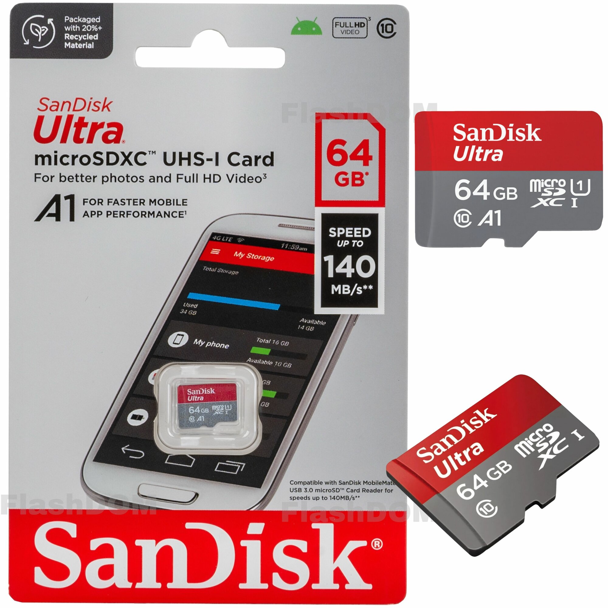Карта памяти SanDisk microSDXC 64 ГБ 140 Мб/с Ultra Class 10 UHS-I A1