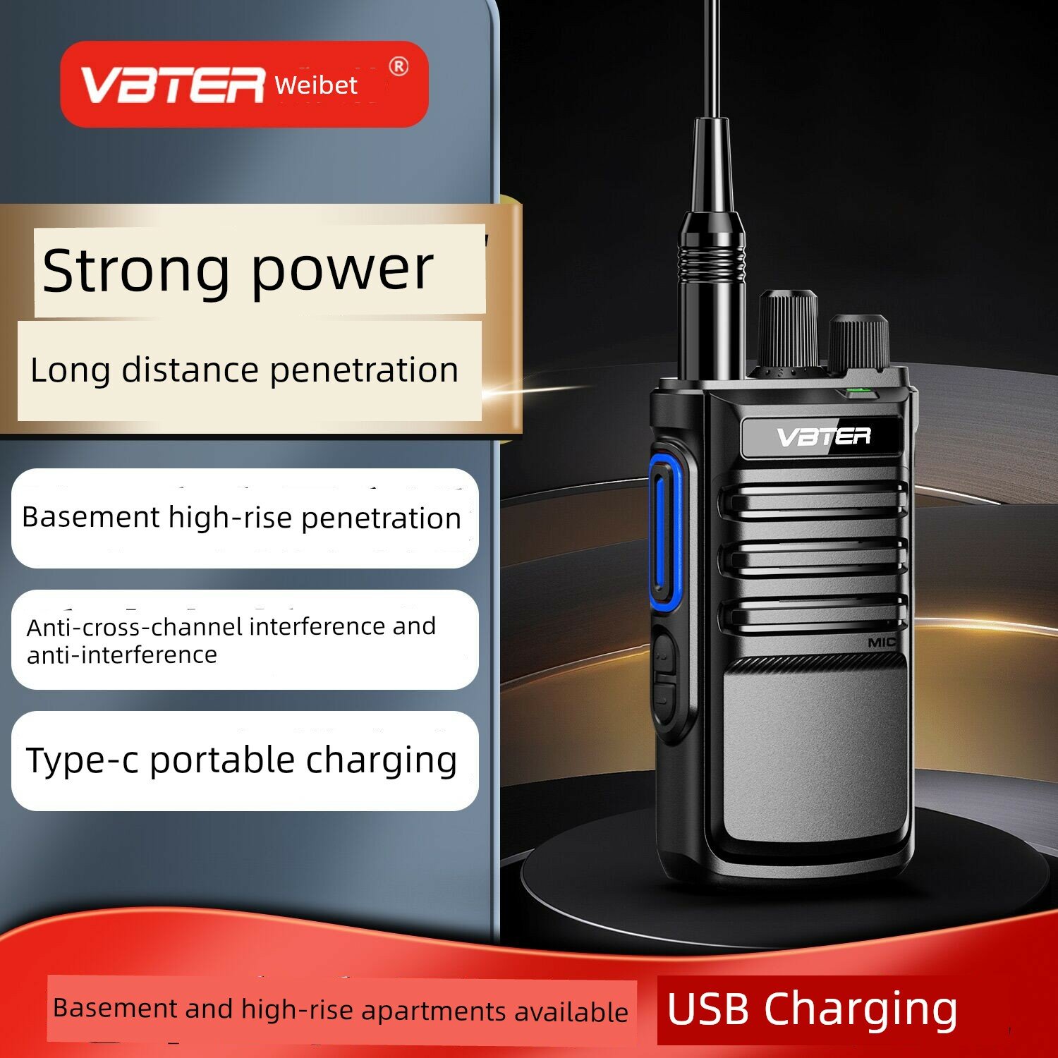 VBTER радиостанция с проникновением сквозь стены и USB зарядкой для подземных помещений