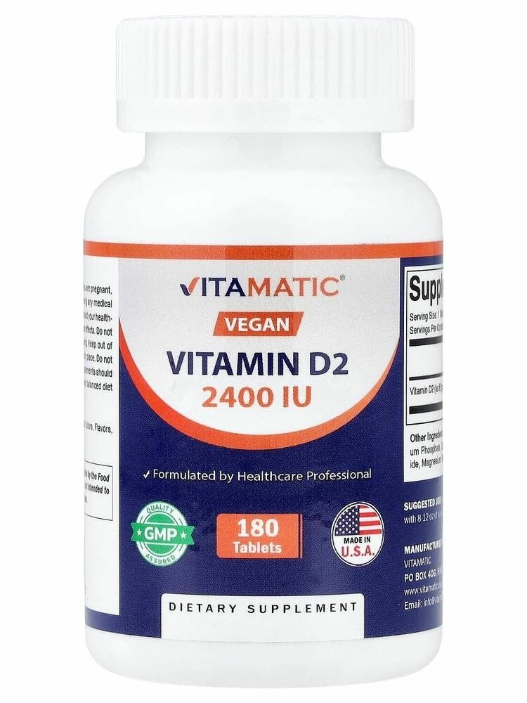 Веганский витамин D2, 60 мкг (2400 МЕ), 180 таблеток, Vitamatic
