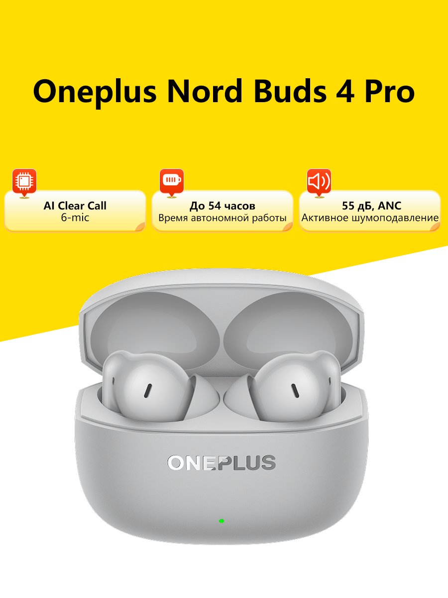 Глобальная версия Oneplus Nord Buds 4 Pro серый, TWS Наушники Активное шумоподавление на 55 дБ