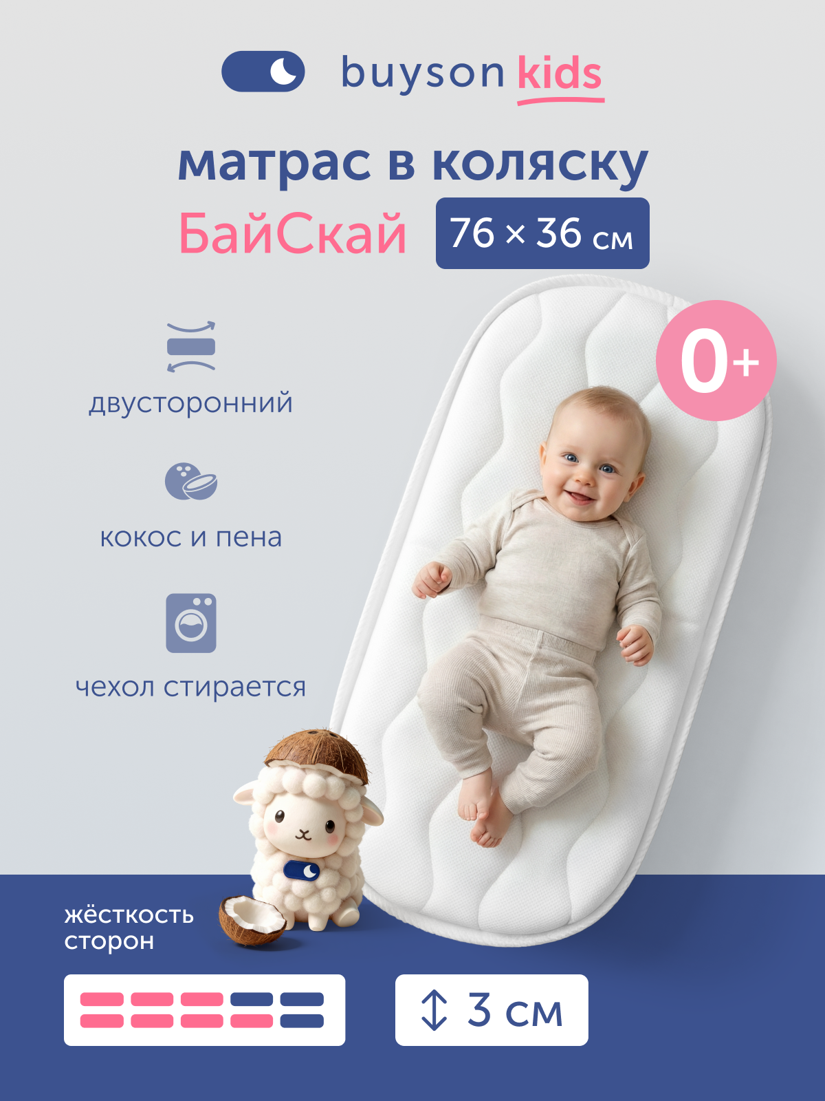 Матрас в коляску и люльку buyson БайСкай для новорожденных, 76x36 см