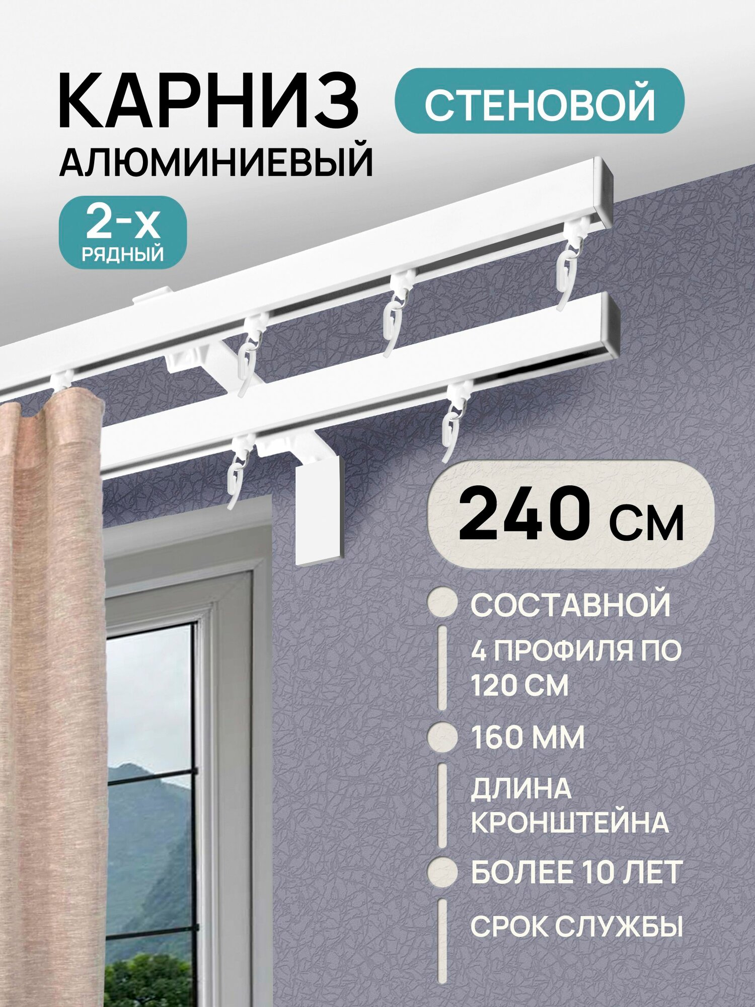 Карниз алюминиевый 2 рядный с заглушкой
