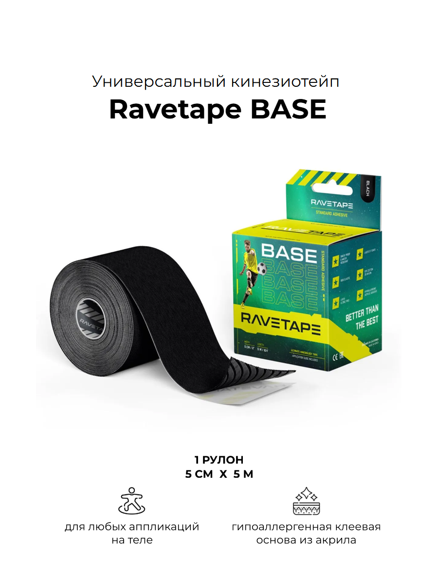 Универсальный кинезиотейп для тела RaveTape BASE, 1 рулон, 5 см х 5 м, без латекса, черный