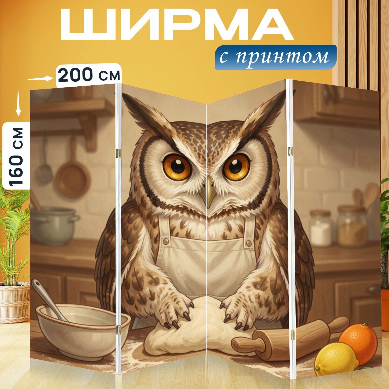 Ширма "Сова на кухне с тестом. Милая ночная птица в фартуке месит тесто на деревянном столе, рядом миска." перегородка для зонирования комнаты с принтом 200x160 см. на холсте