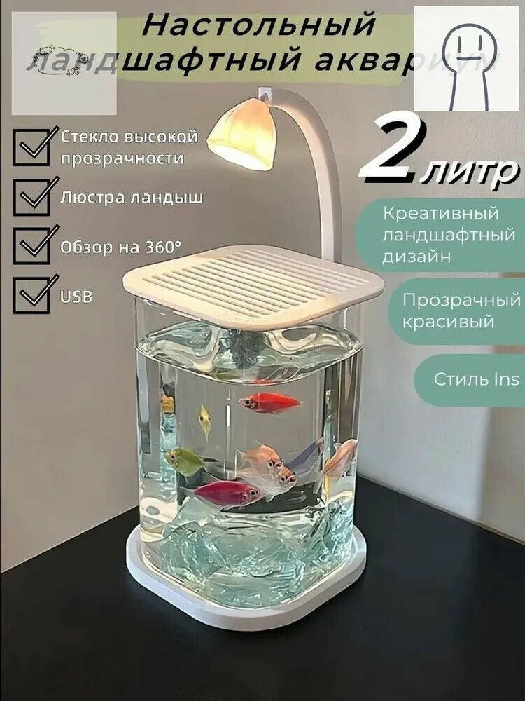 Набор аквариума для петушков "Ледяная синева" - мини-аквариум из сверхпрозрачного стекла (10 10 15см + LED-подсветк1