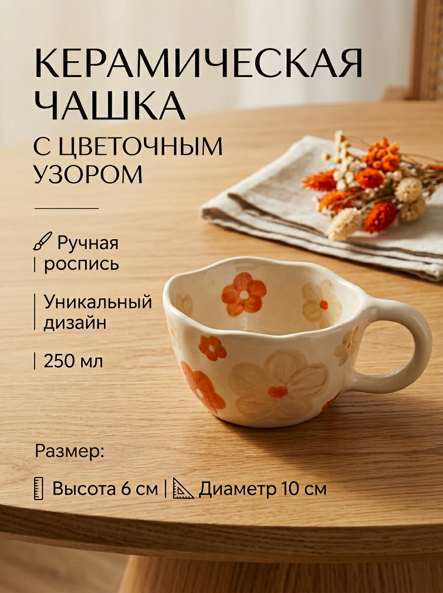 Кружка DB HOMME "Цветы", керамическая, для чая и кофе, с цветочным дизайном, ручная работа