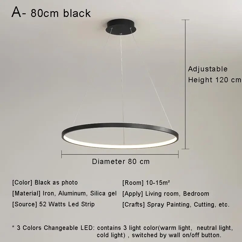 Подвесные светильники yellowking круглые LED для гостиной black 80cm, Черный, With remote control