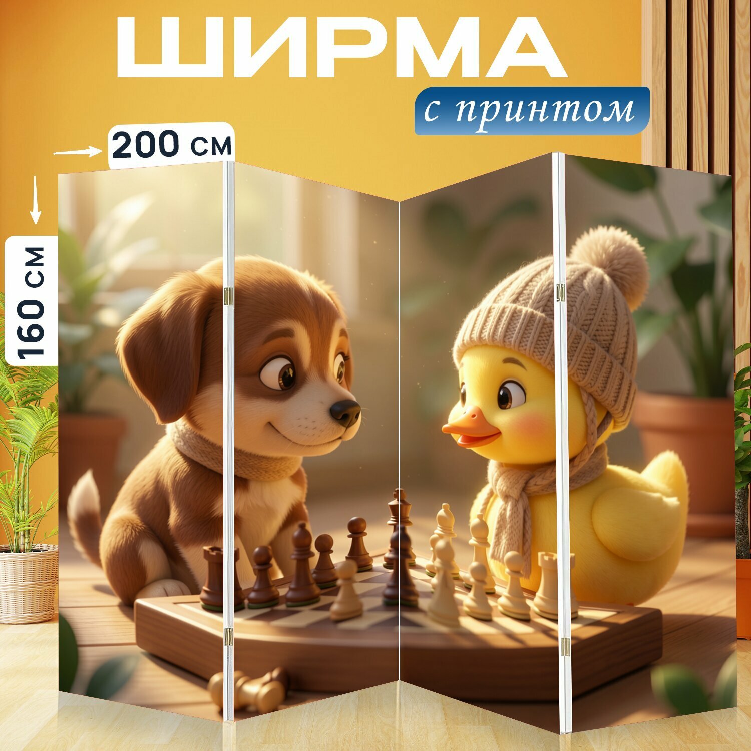 Ширма "Щенок и утёнок в шапках. Трогательная 3D-иллюстрация: милый пёс и жёлтый птенец в вязаных головных." перегородка для зонирования комнаты с принтом 200x160 см. на холсте