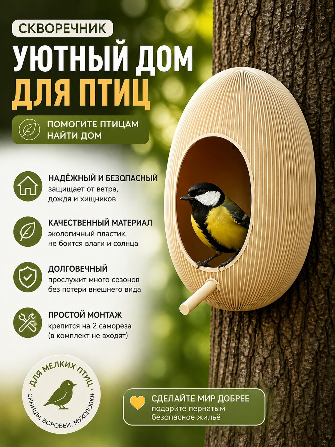 Скворечник для птиц подвесной, домик для птиц уличный, кормушка-домик, декоративный скворечник для сада и дачи