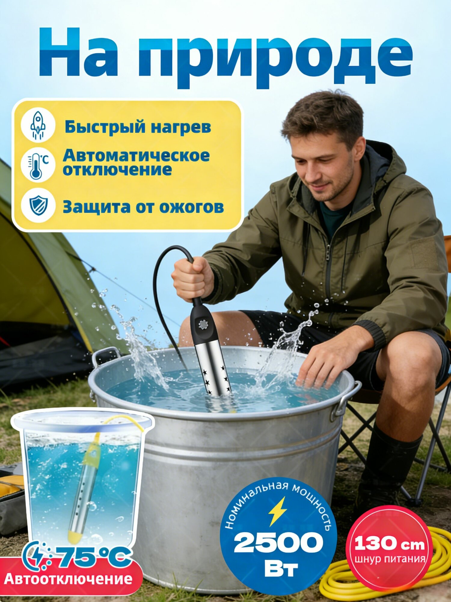 Погружной нагреватель с термостатом и индикатором, 2500 Вт, чёрный